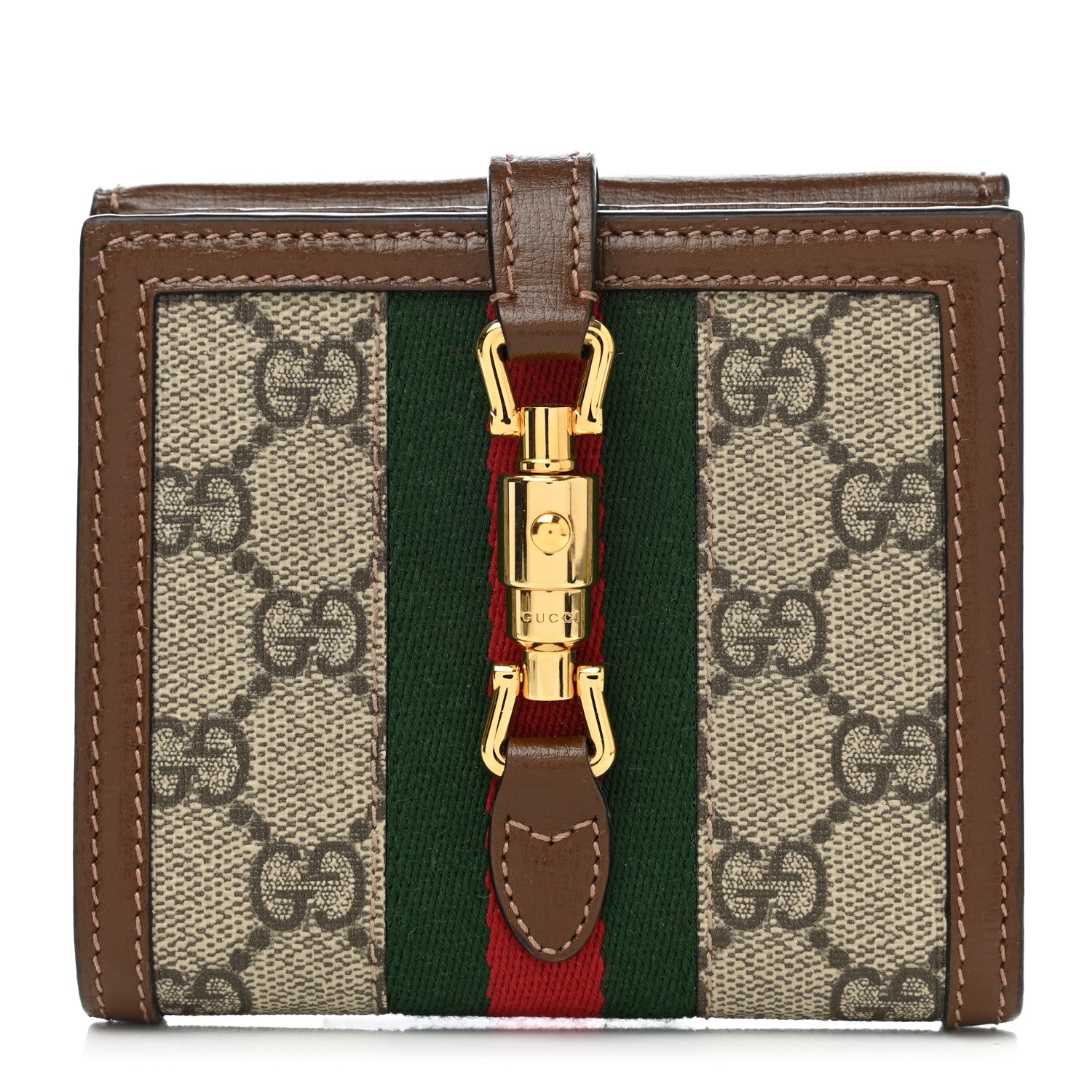 Gucci GG Supreme Monogram Textured Calfskin Web Jackie 1961 French Flap Wallet Beige Ebony Brown ...