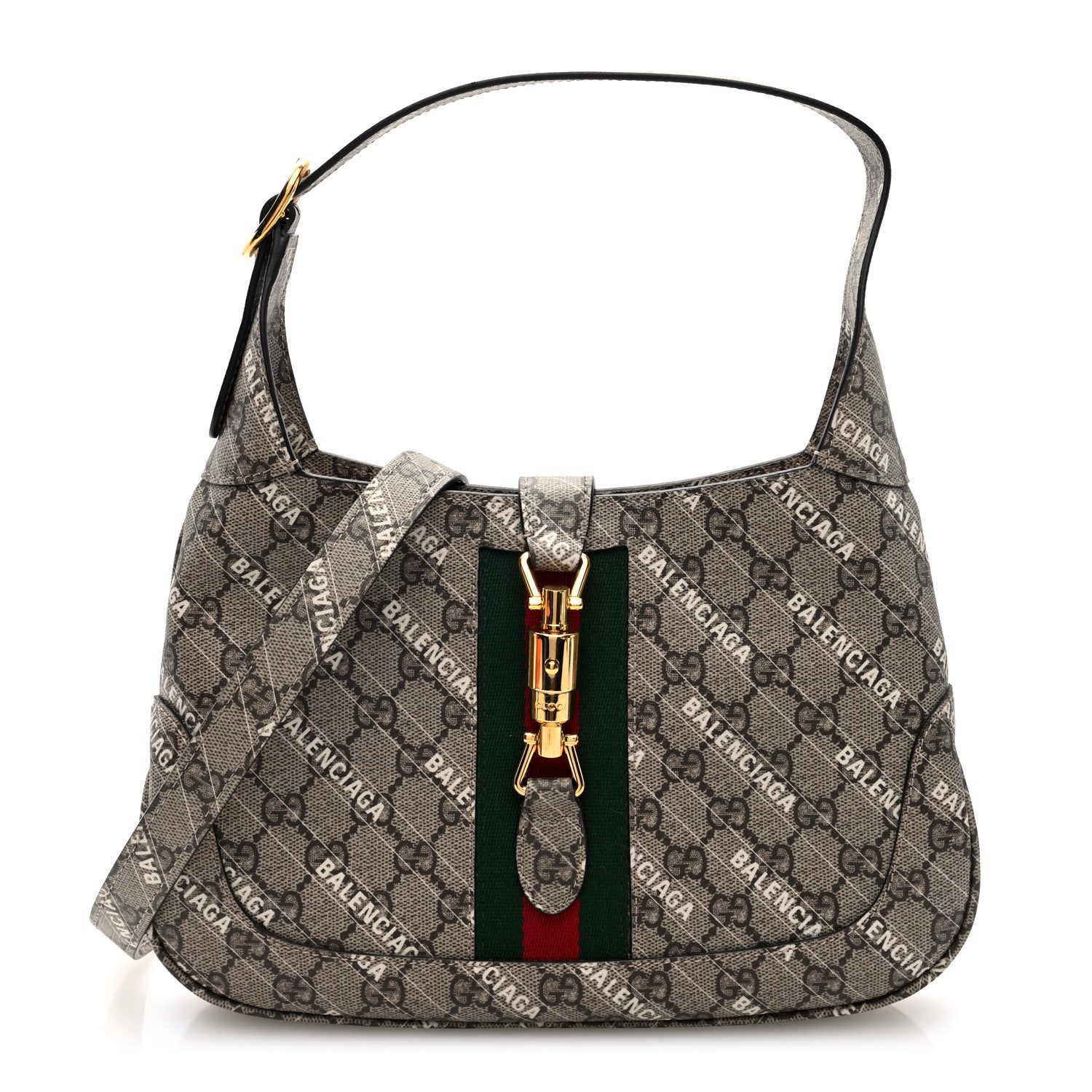Gucci X BALENCIAGA GG Supreme Monogram Striped Logo Print Web Small Jackie 1961 Hobo Beige Ebony ...