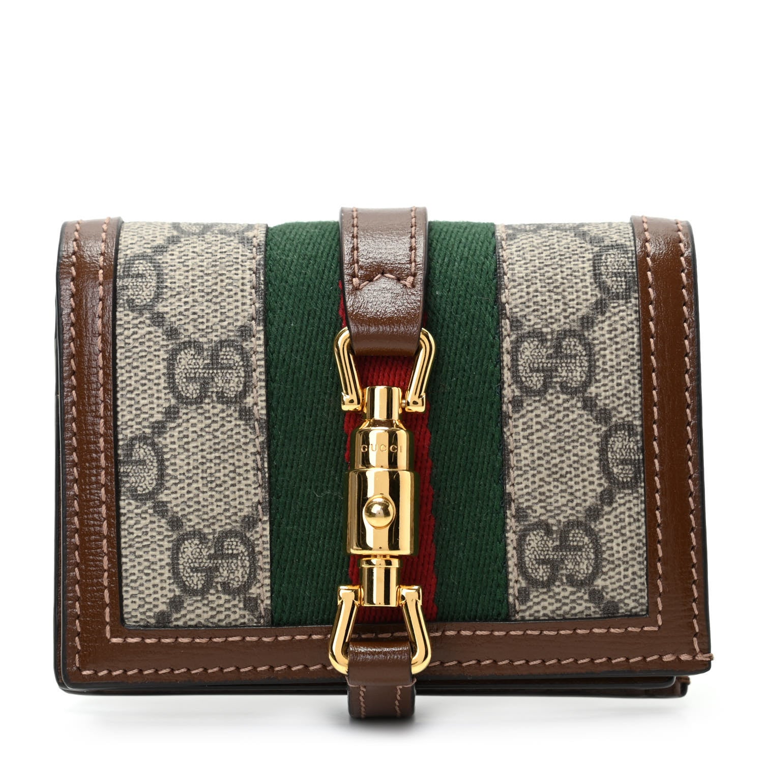 Gucci GG Supreme Monogram Textured Calfskin Web Jackie 1961 Card Case Beige Ebony Brown Sugar ...