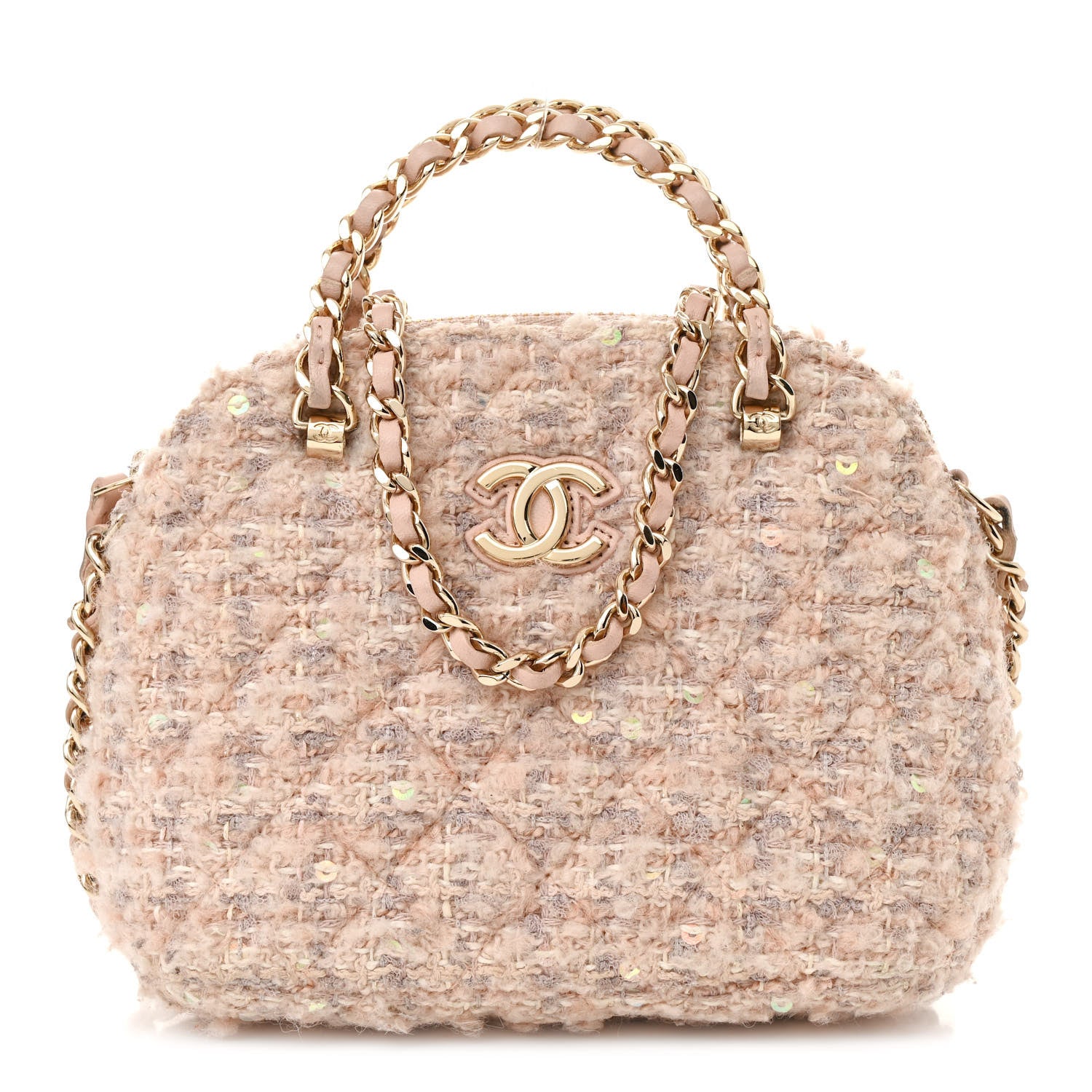 Chanel Cotton Wool Tweed Sequin Quilted Shiny Coco Clutch With Chain Light Pink Beige Ecru ...