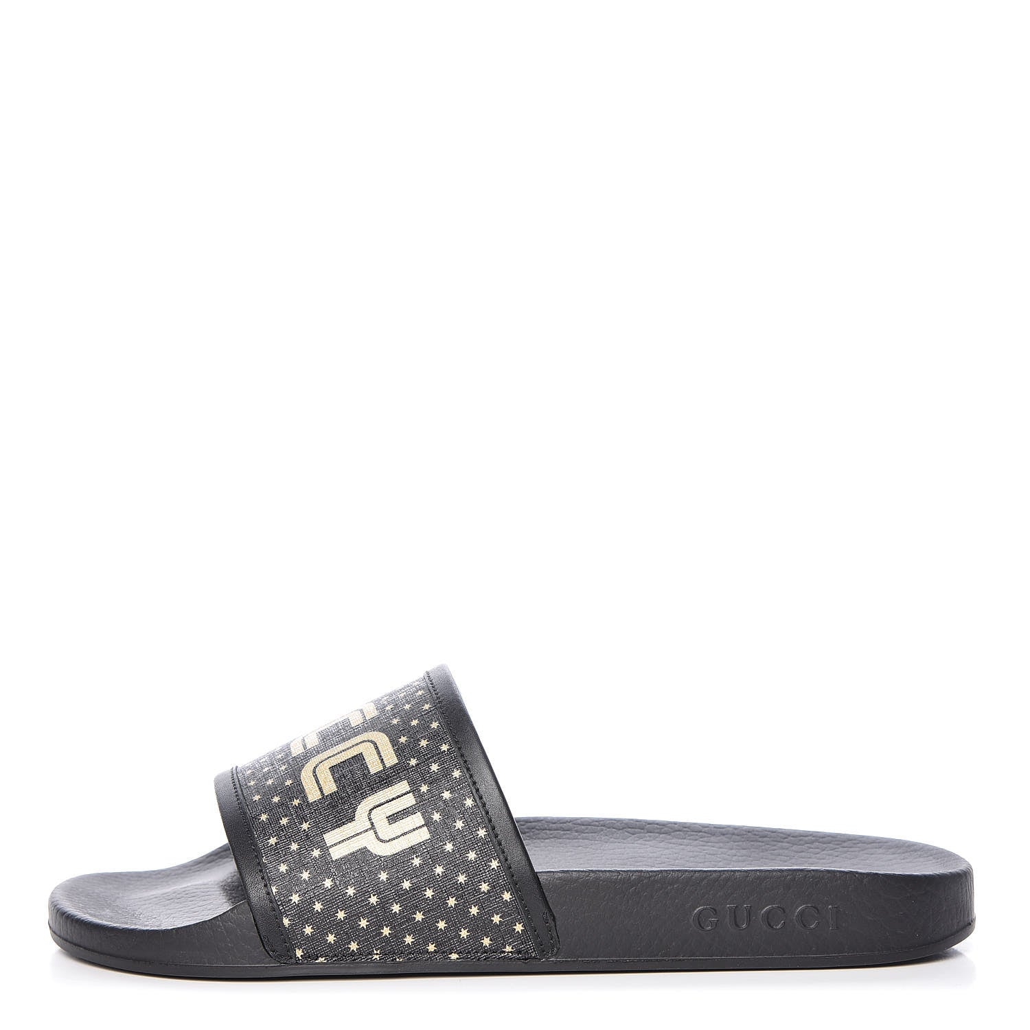 Gucci X SEGA Supreme Canvas GUCCY Stars Mens Slide Sandals 9 Black Gold ...