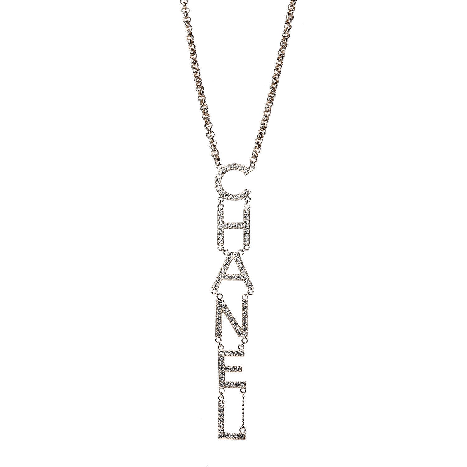 Chanel Metal Crystal Cha-Nel Logo Necklace Gold 422272 – FASHIONPHILE