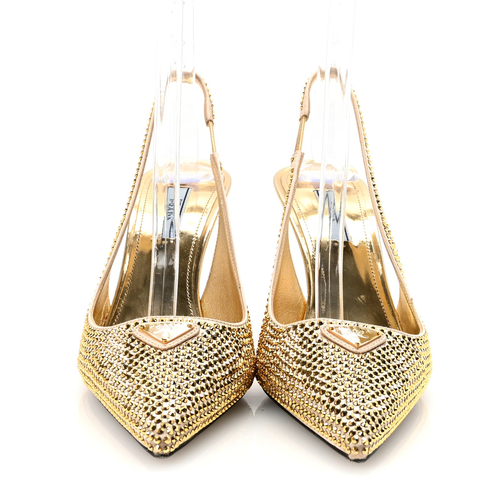 Prada Satin Crystal Triangle Logo 85mm Slingback Pumps 38.5 Platino ...