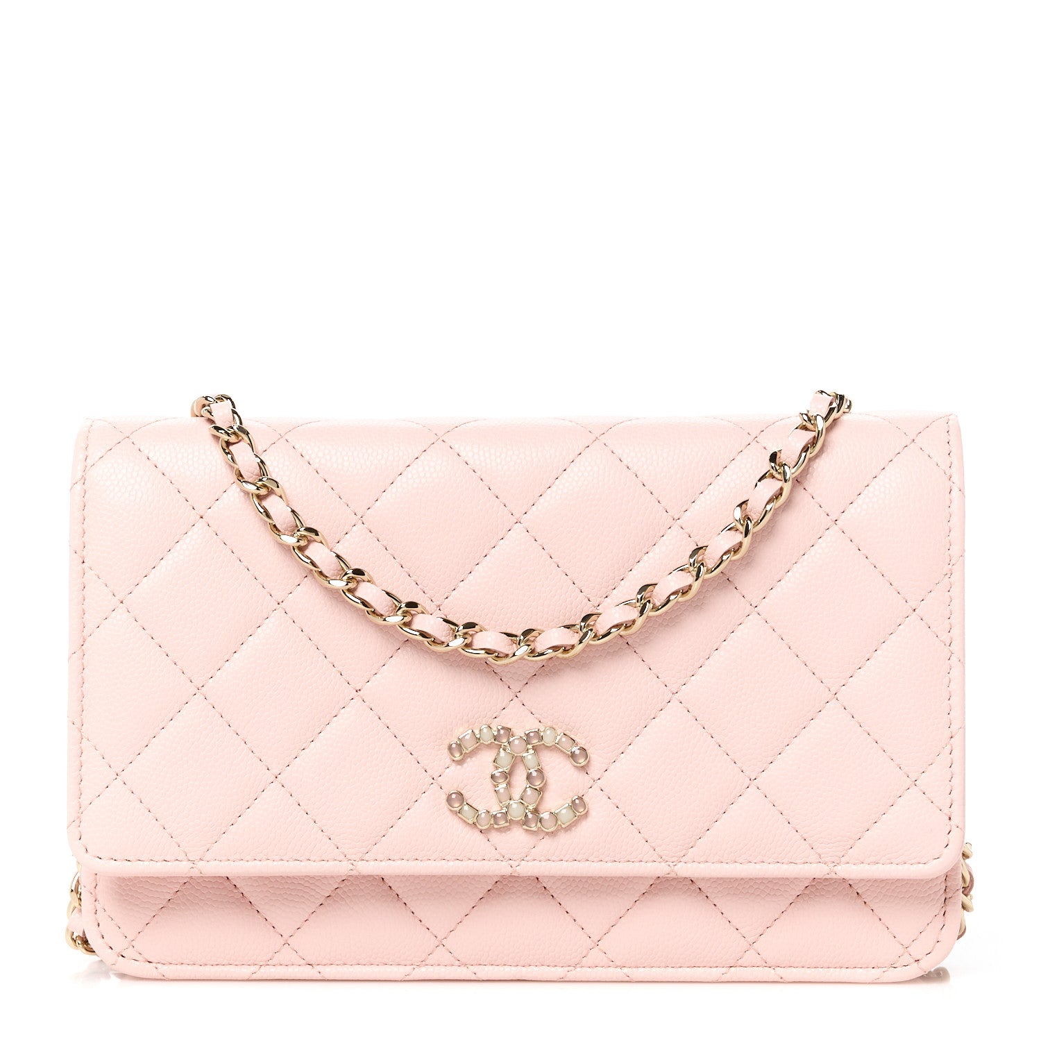 Chanel Shiny Caviar Enamel Quilted CC Wallet On Chain WOC Light Pink ...