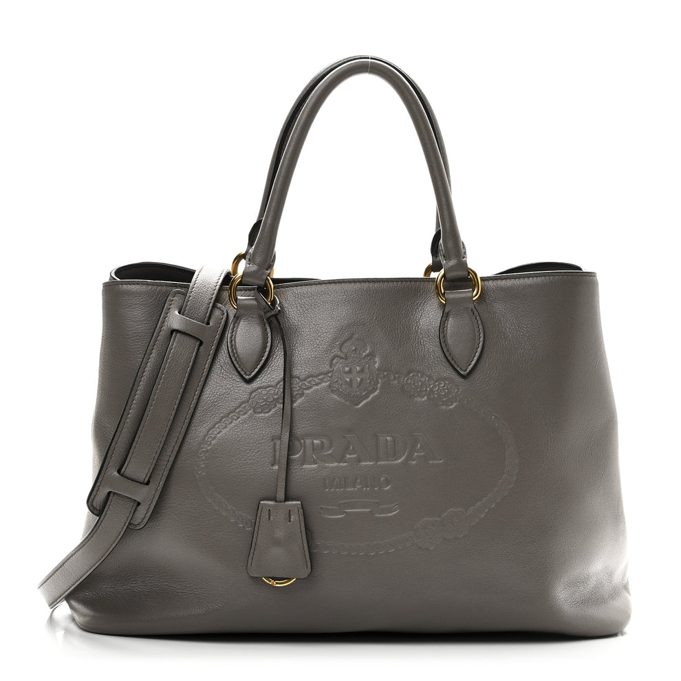 Prada Glace Calfskin Embossed Logo Tote Argilla 1786349 – FASHIONPHILE