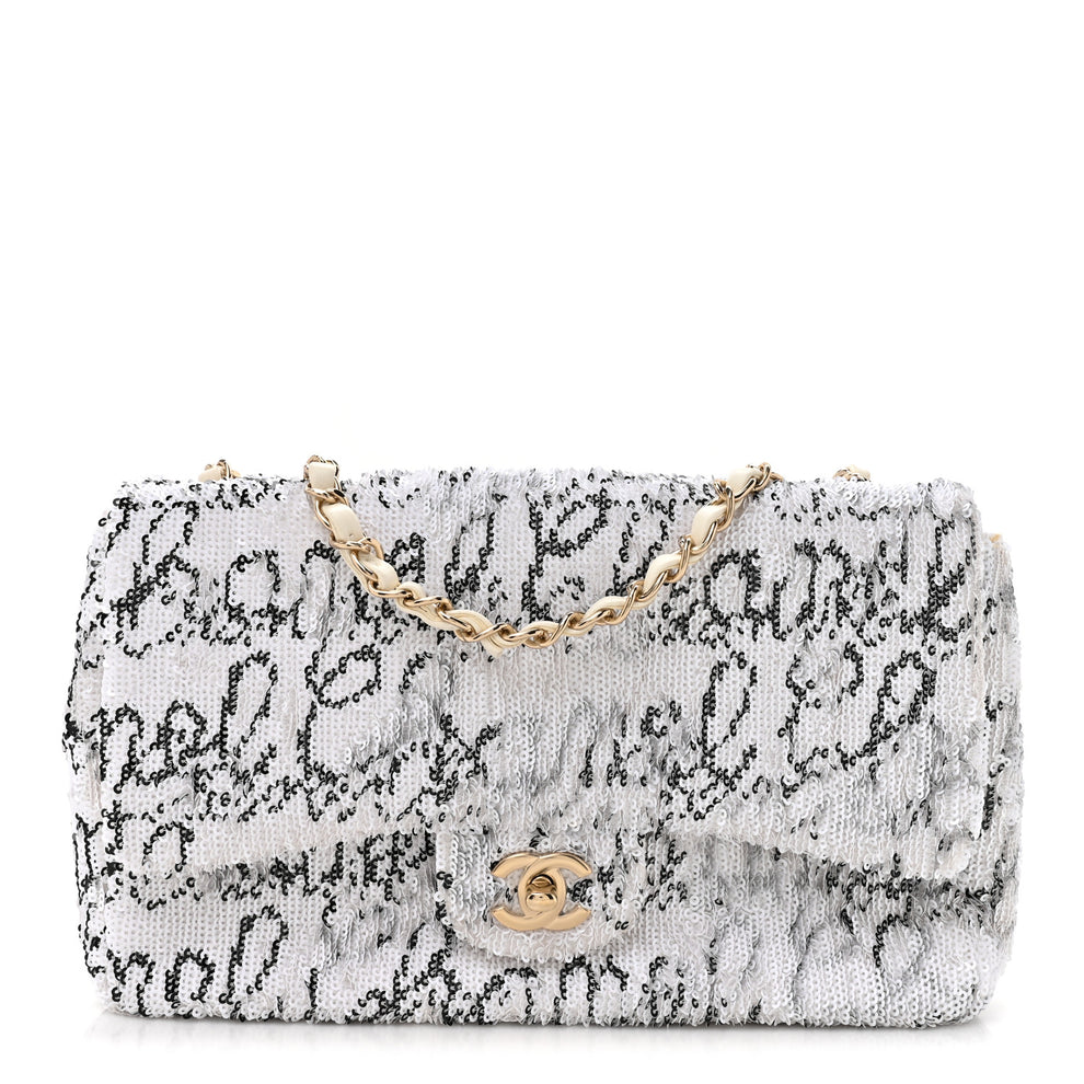 Chanel Sequin Logo Medium Flap White Black 1780505 – FASHIONPHILE