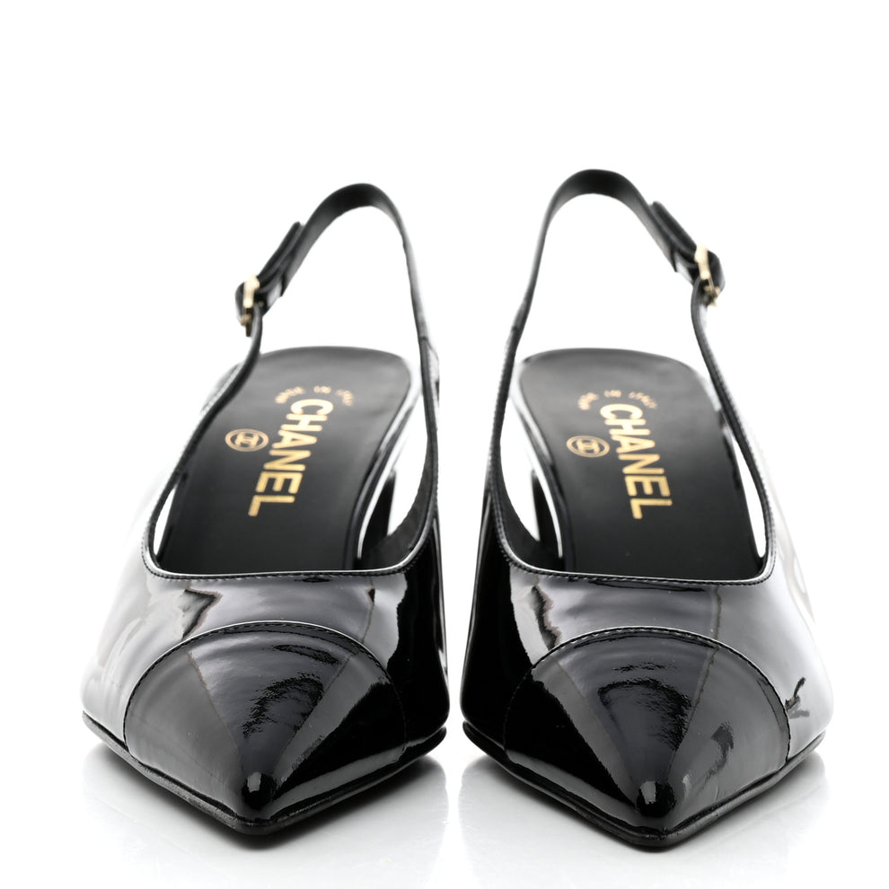 Chanel Patent Calfskin Cap Toe CC Slingback Pumps 37.5 Black 1395034 ...