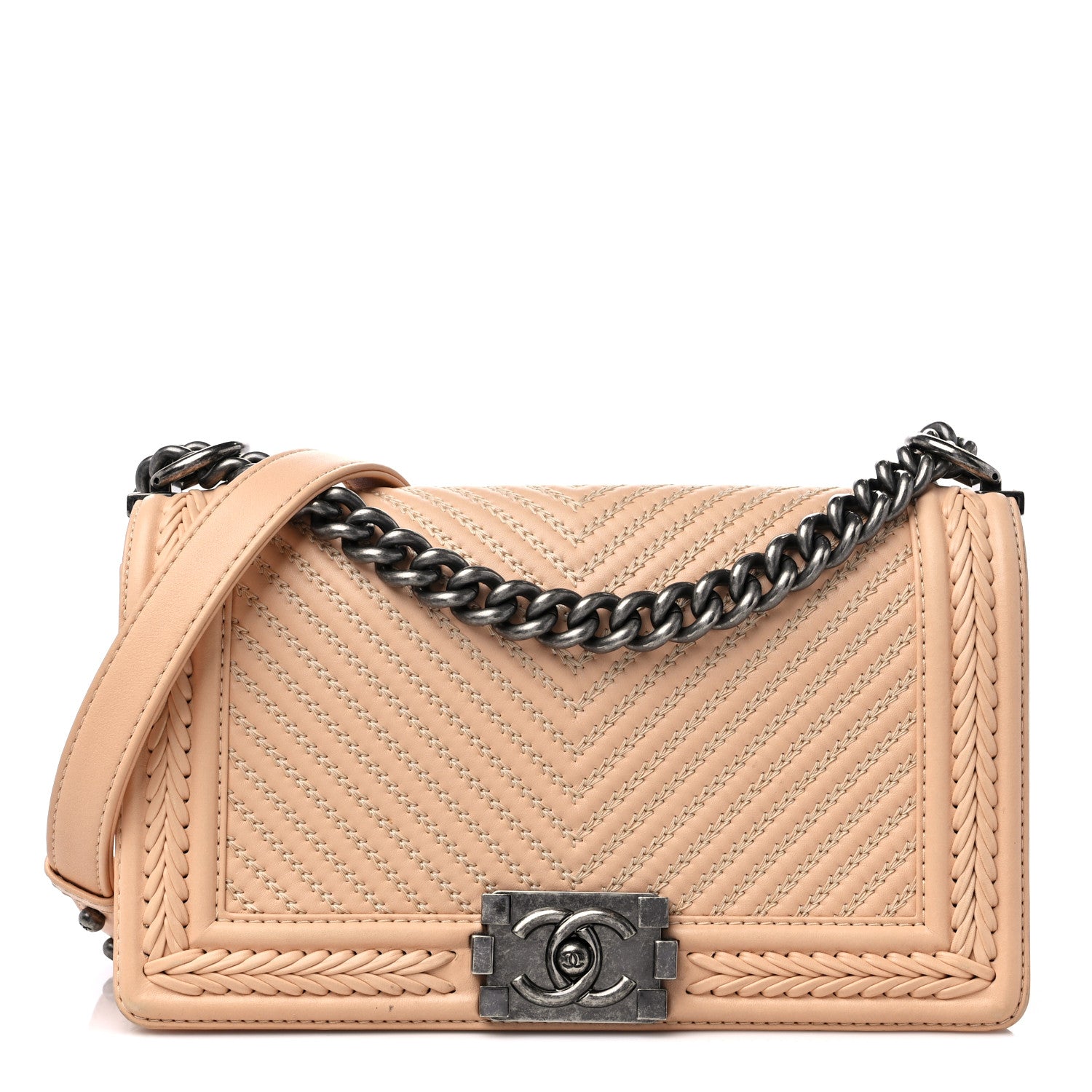 Chanel Calfskin Chevron Quilted Medium Braided Boy Flap Beige 1305960 ...