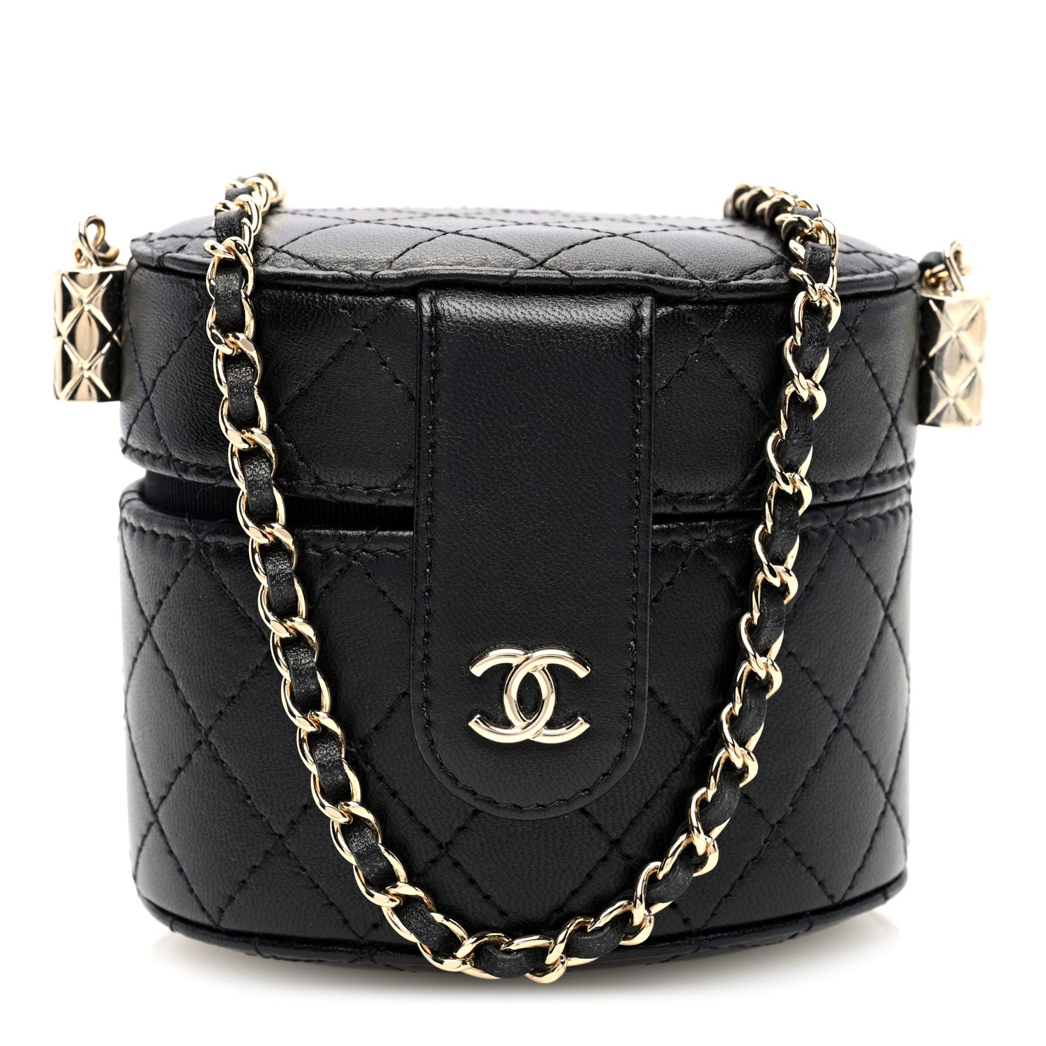 Chanel Lambskin Quilted Mini Round Vanity Case With Chain Black 1635219 ...