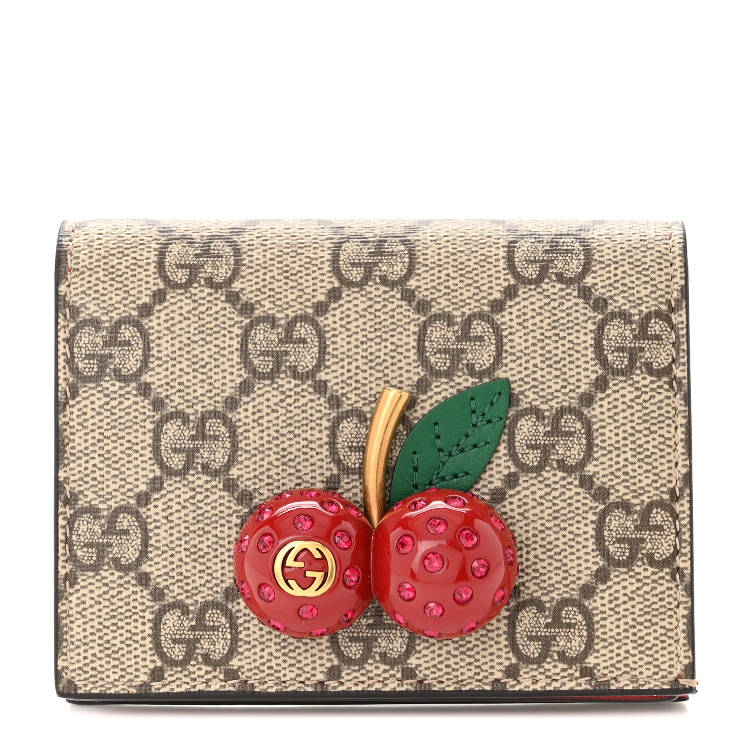 Gucci GG Supreme Monogram Cherry Embellished Card Case Wallet Hibiscus ...
