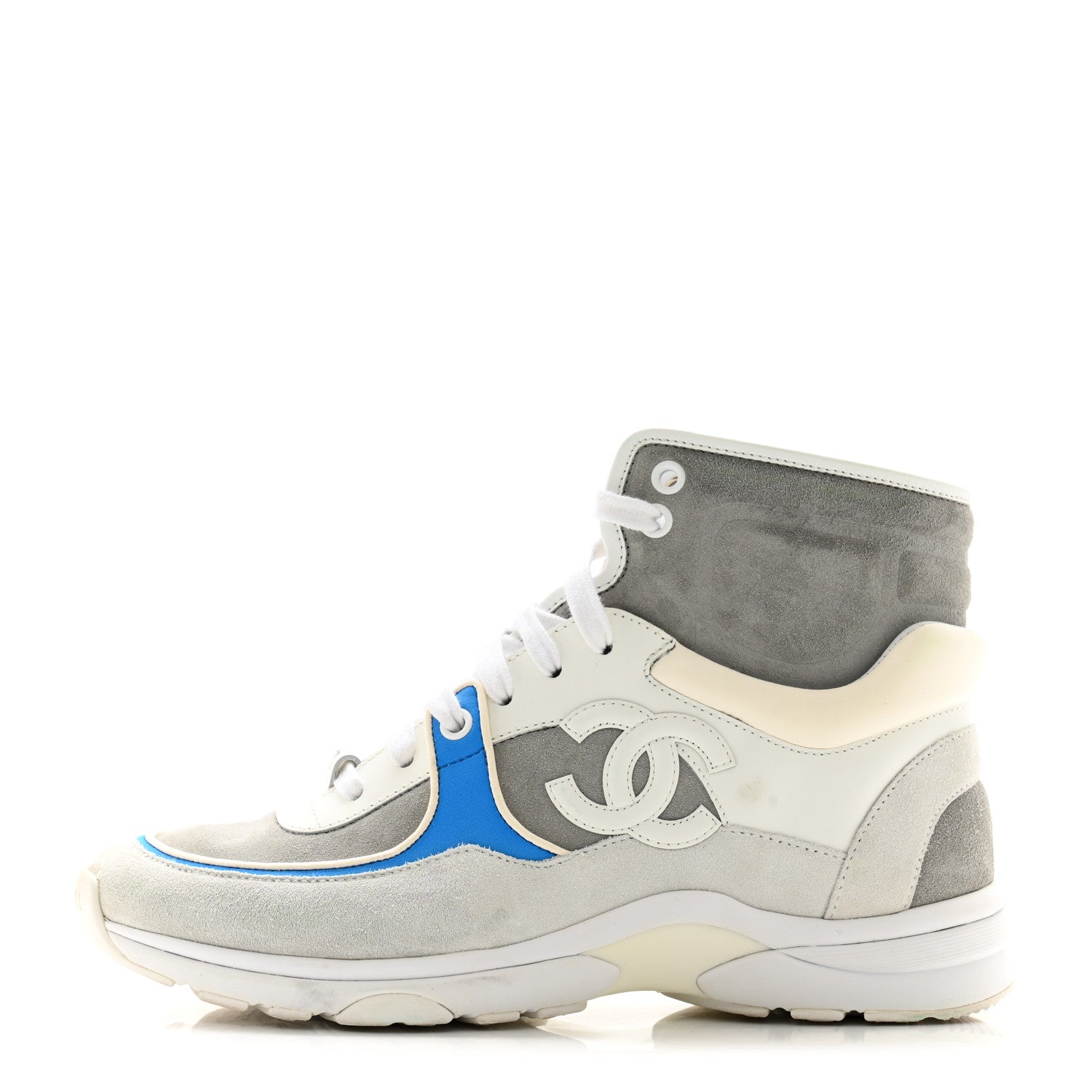 Chanel Suede Calfskin Lambskin High Top CC Sneakers 36.5 White Blue ...