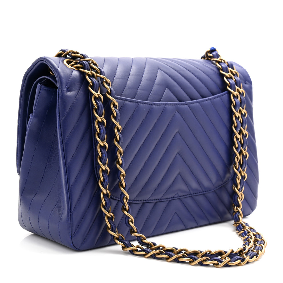 Chanel Lambskin Chevron Quilted Jumbo Double Flap Navy Blue 1792249 ...