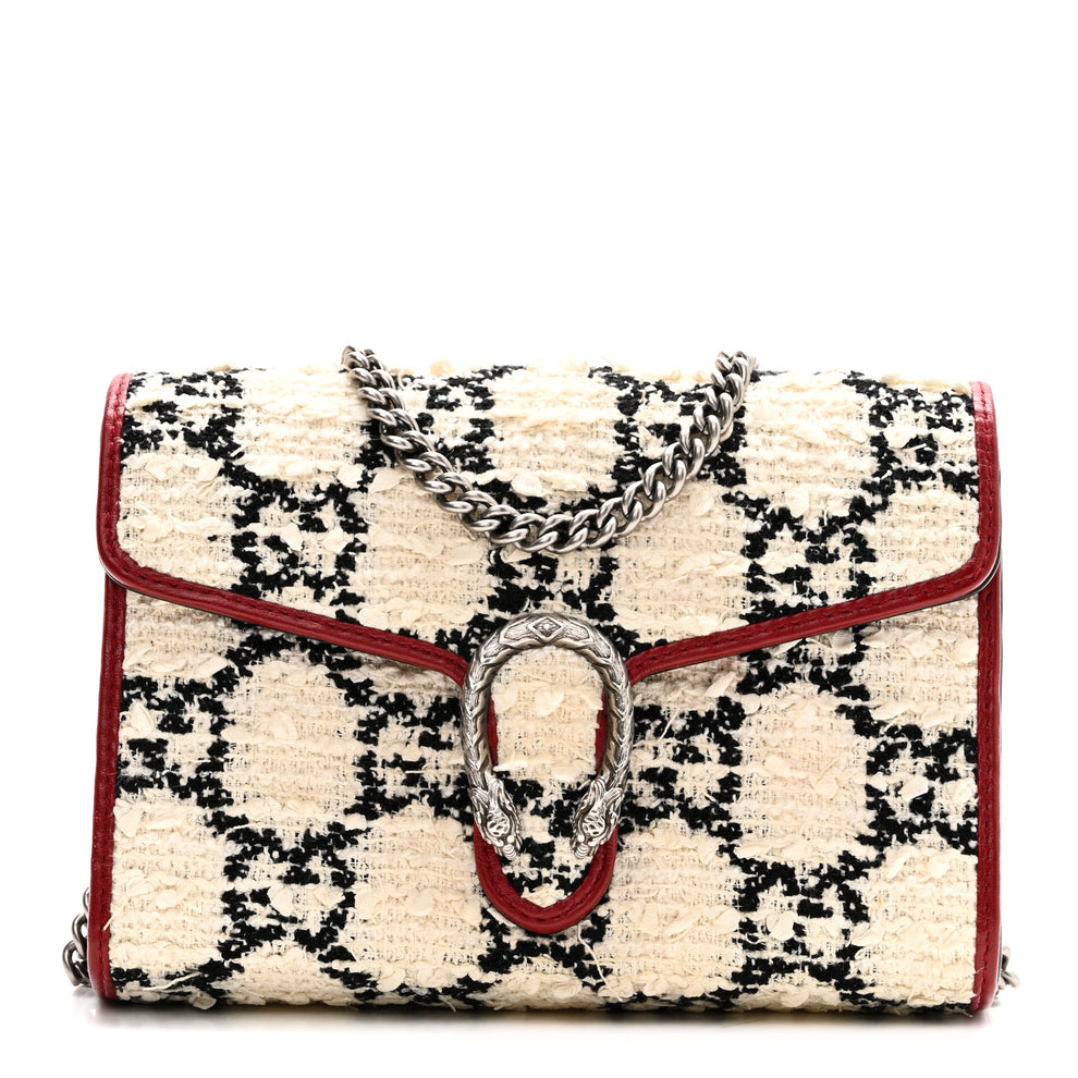Gucci Tweed GG Monogram Mini Dionysus Chain Wallet White Black Romantic ...