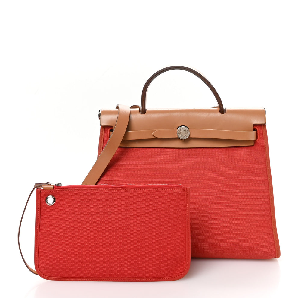 Hermes Vache Hunter Toile Herbag Zip 31 PM Rouge Tomate Natural 1776658 ...