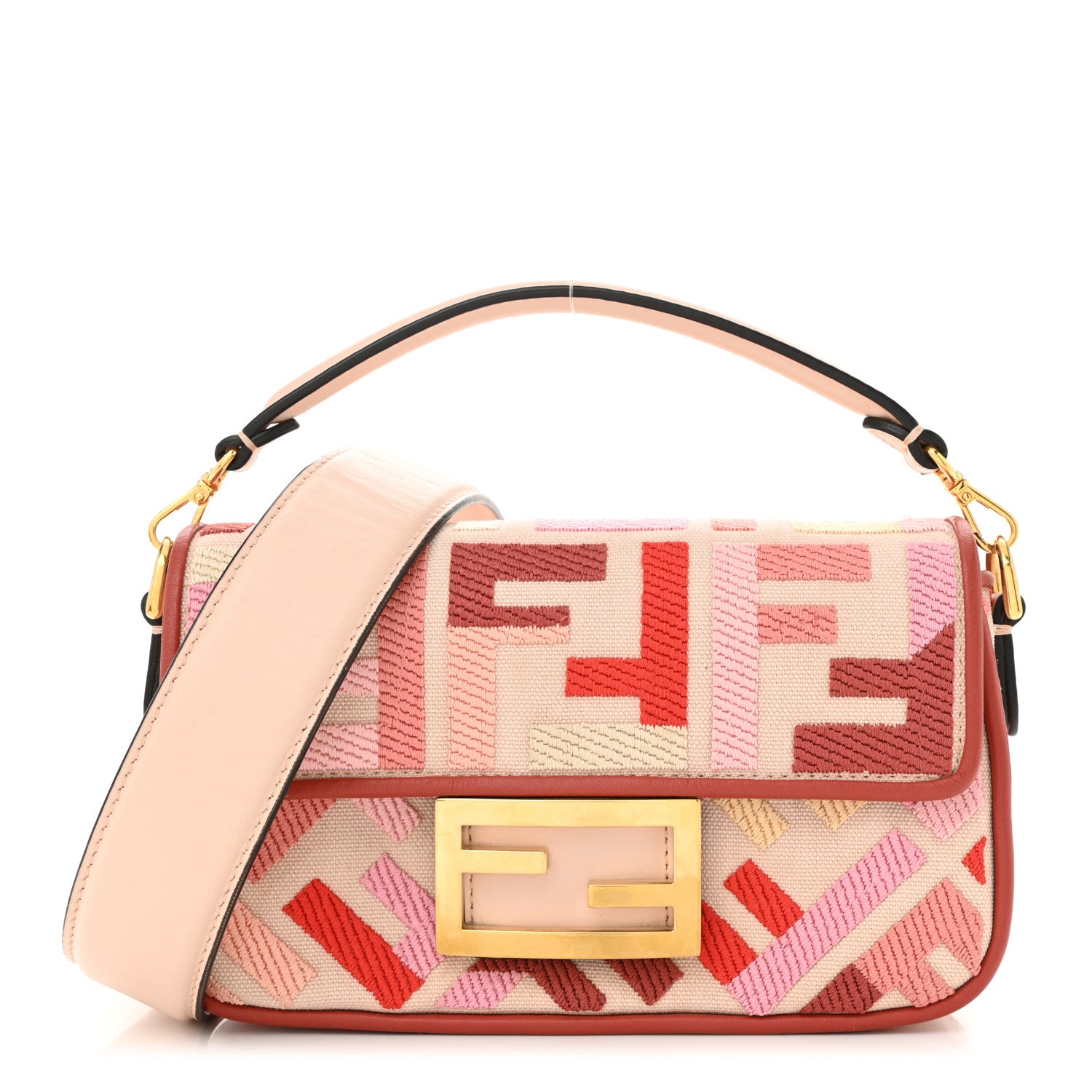 Fendi Canvas Vitello King Seta FF Embroidered Mini Baguette Rosa Quarzo ...