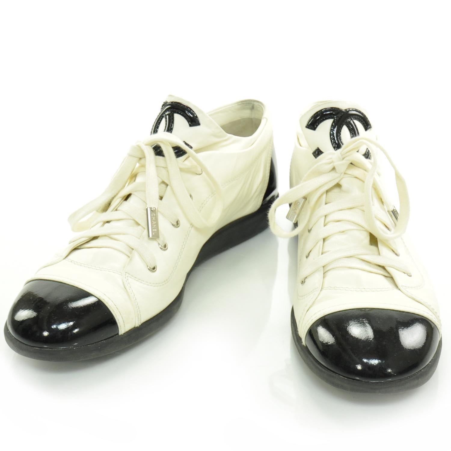 Chanel Leather Patent Cap Toe CC Sneakers 42 25892 – FASHIONPHILE
