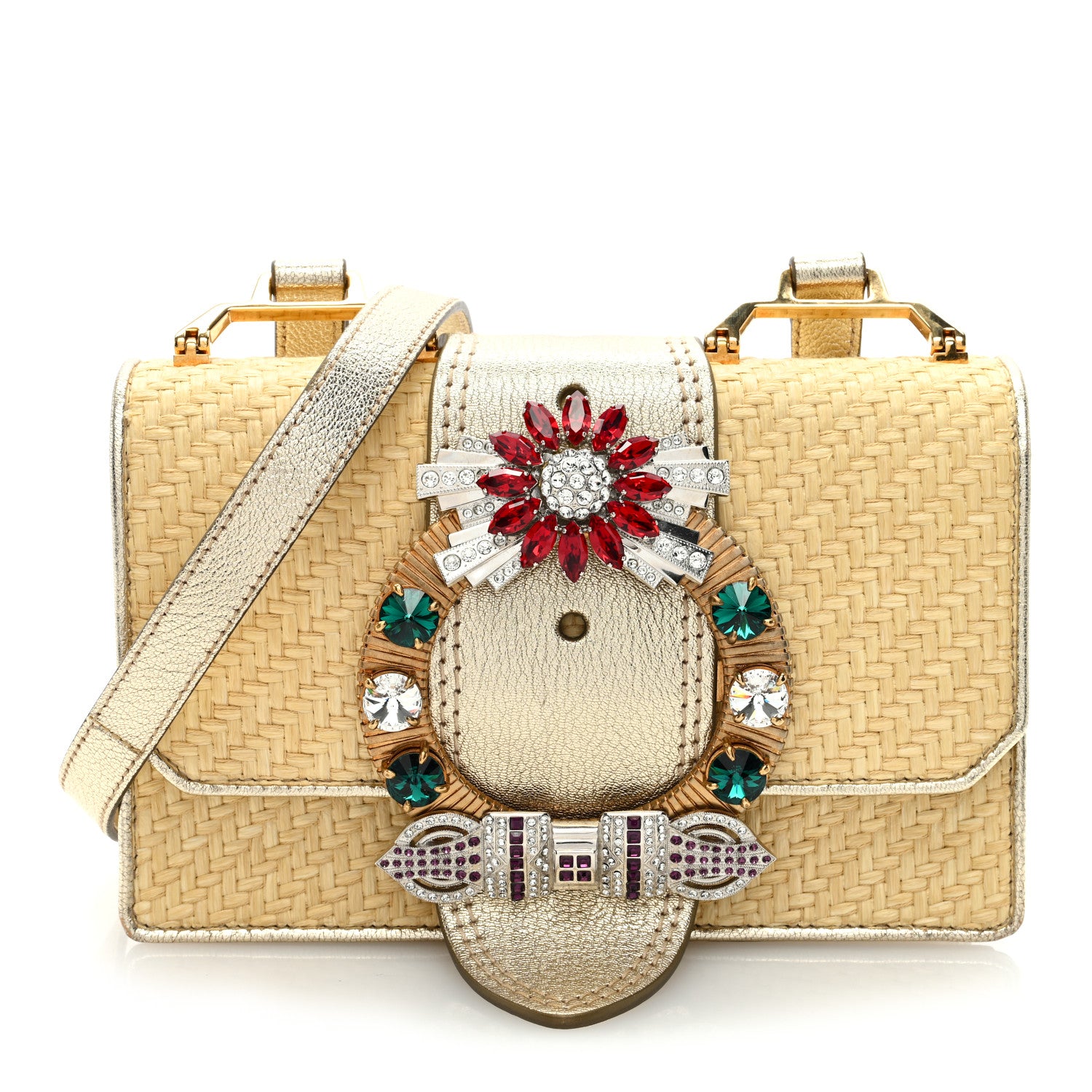 Miu Miu Raffia Madras Crystal Embellished Lady Shoulder Bag Naturale ...