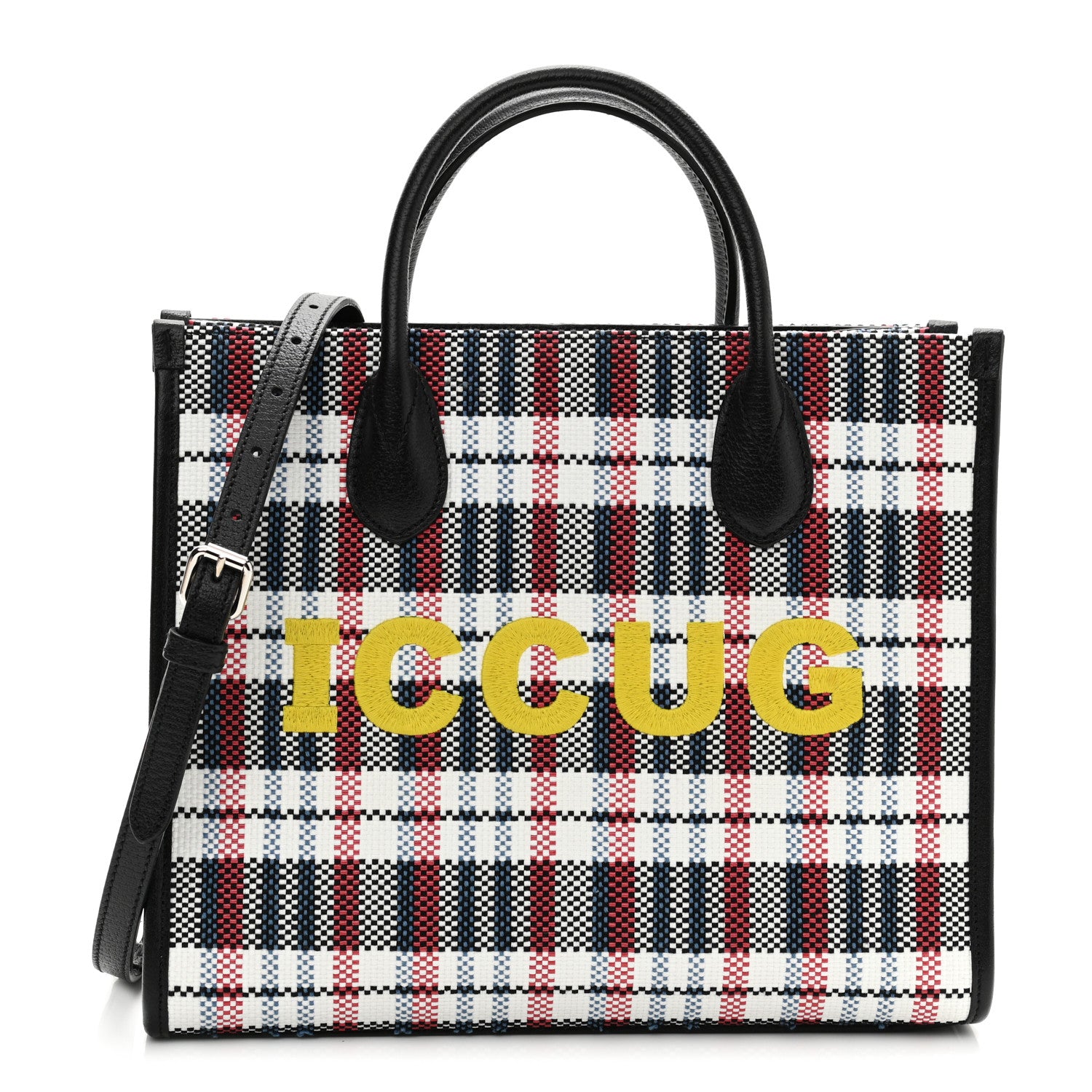 Gucci Canvas Plaid ICCUG Embroidered Small Tote Bag Black White Red ...