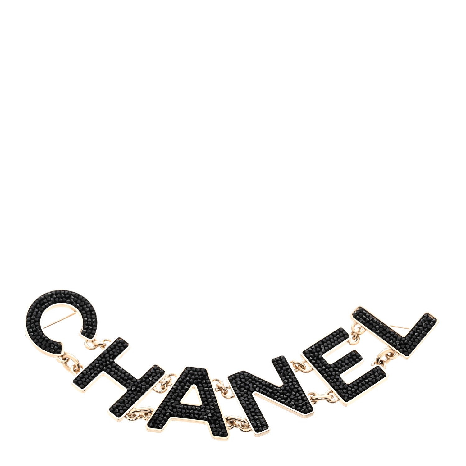 Chanel Crystal Cha-Nel Logo Brooch Black Gold 1791406 – FASHIONPHILE