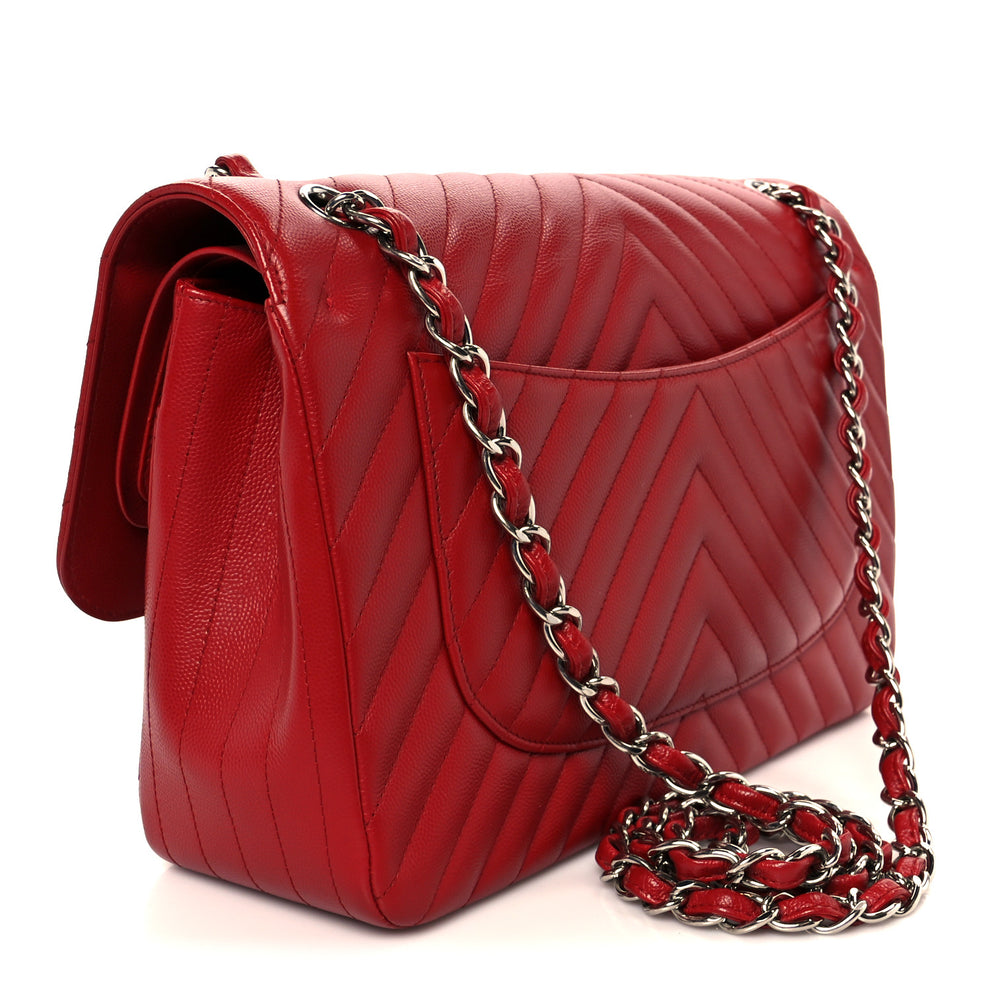 Chanel Caviar Chevron Quilted Jumbo Double Flap Dark Red 1784961 ...