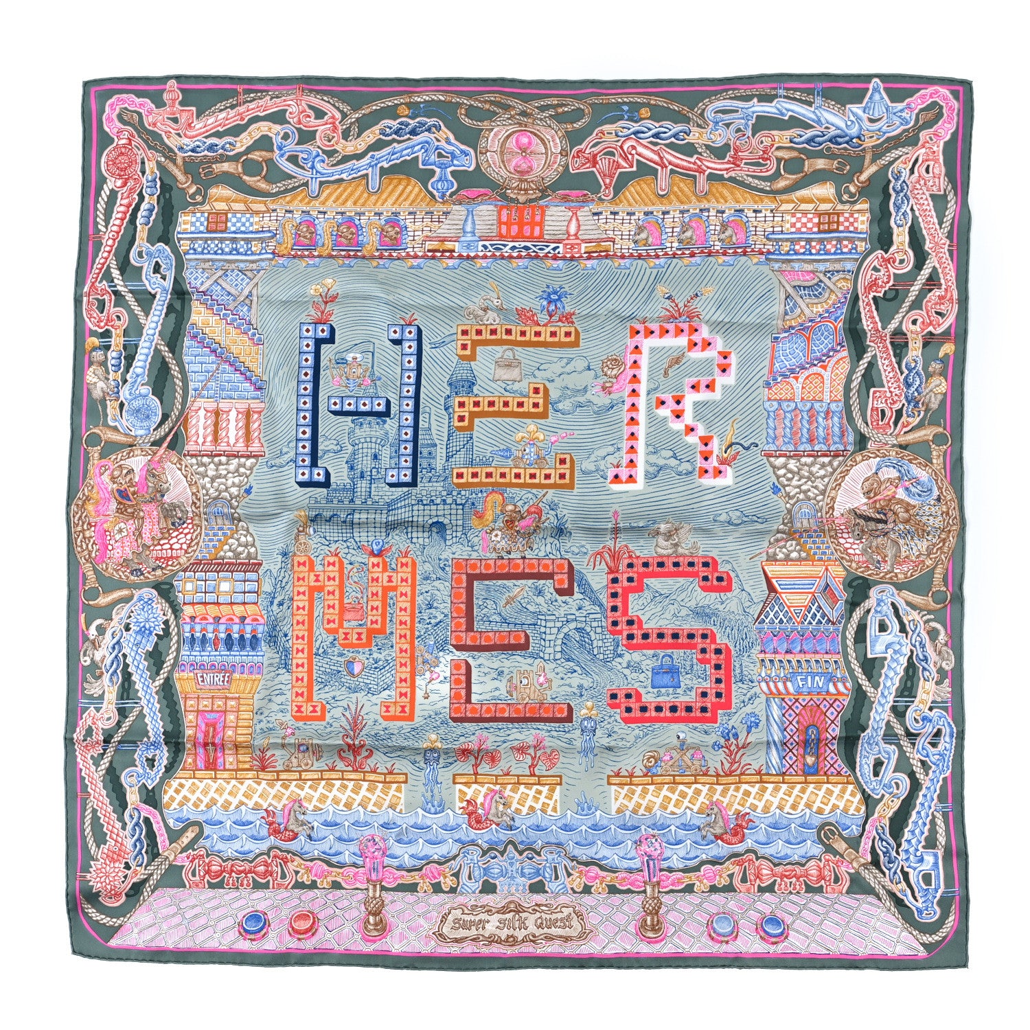 Hermes Silk Super Silk Quest Scarf 90 Vert Amande Rose Multicolor ...