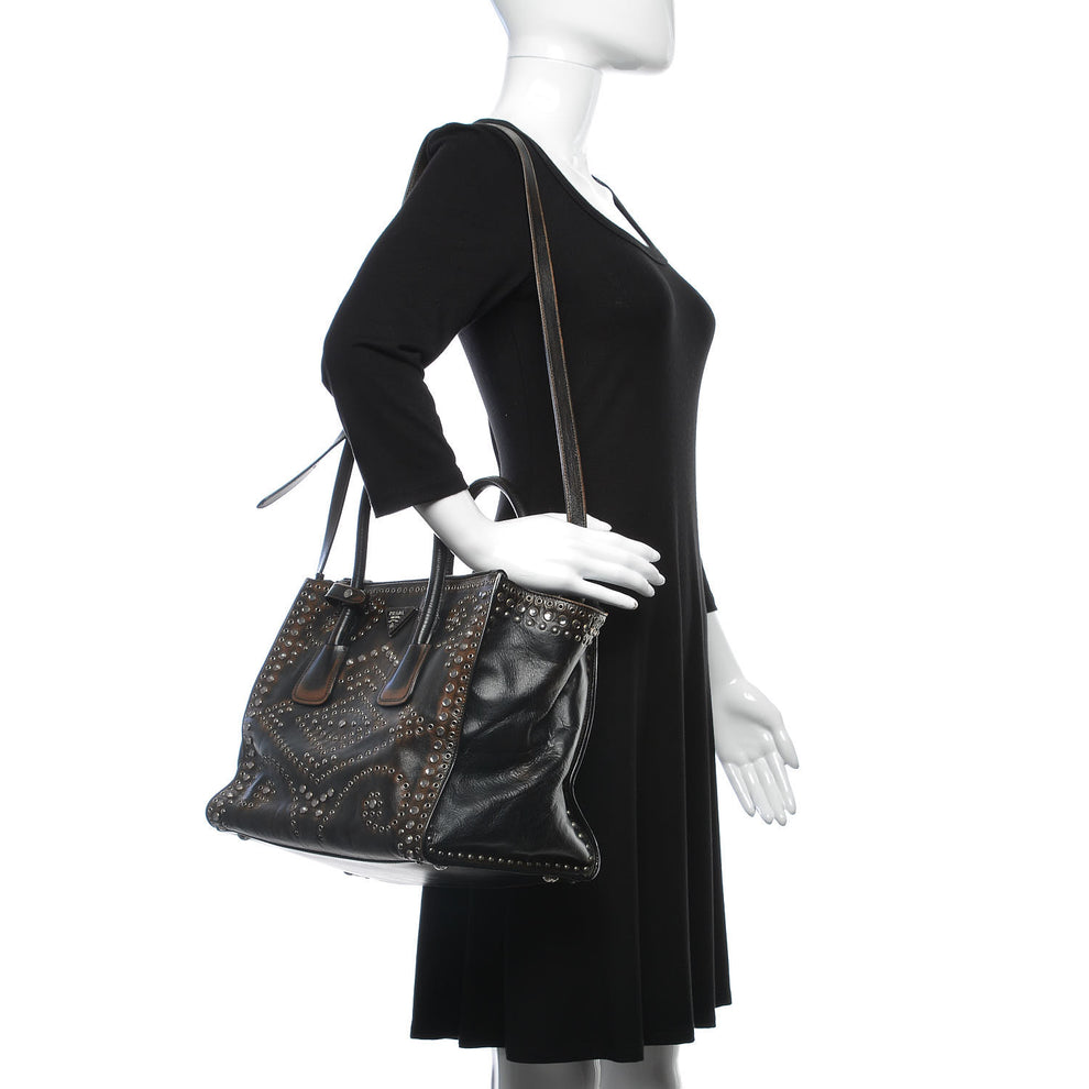 Prada Vitello Vintage Studded Twin Pocket Tote Ebano 359036 – FASHIONPHILE