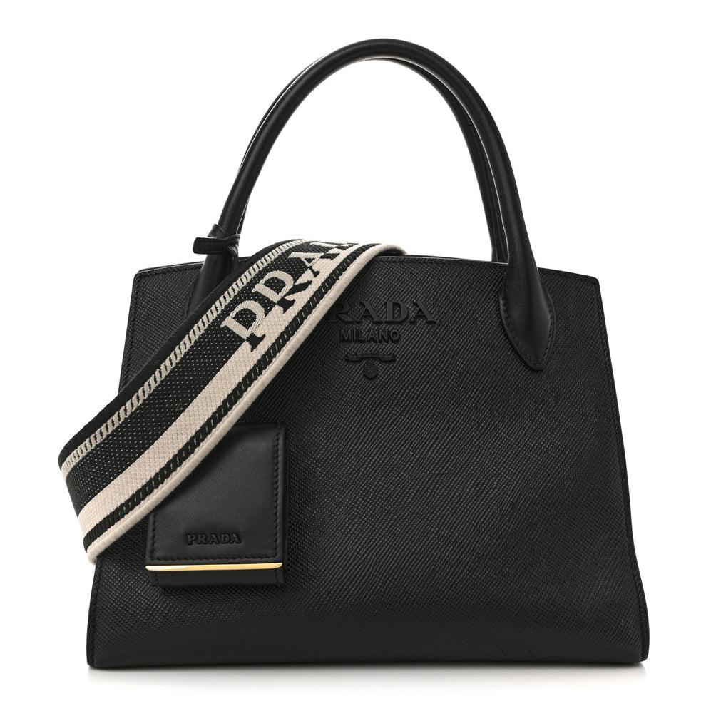 Prada Saffiano Cuir Calfskin Small Monochrome Top Handle Tote Black ...