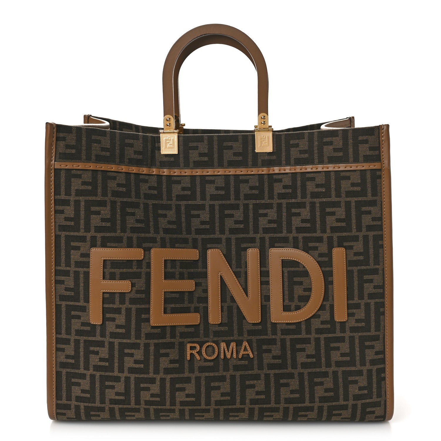 Fendi Fabric Jacquard FF 1974 Logo Large Sunshine Shopper Tote Tobacco ...