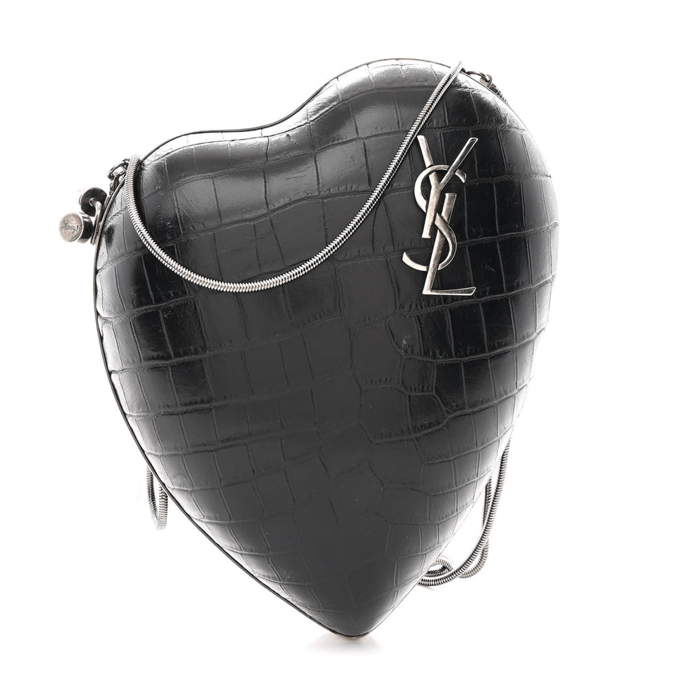 Saint Laurent Calfskin Crocodile Embossed Monogram Love Box Bag Black ...