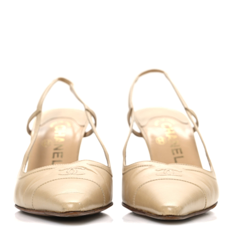 Chanel Lambskin Pointed Toe CC Slingback Heels 37 Beige 1797424 ...