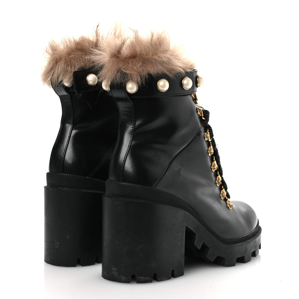 Gucci Magnum Calfskin Fur Pearl Lace Up Combat Ankle Boots 39.5 Black ...