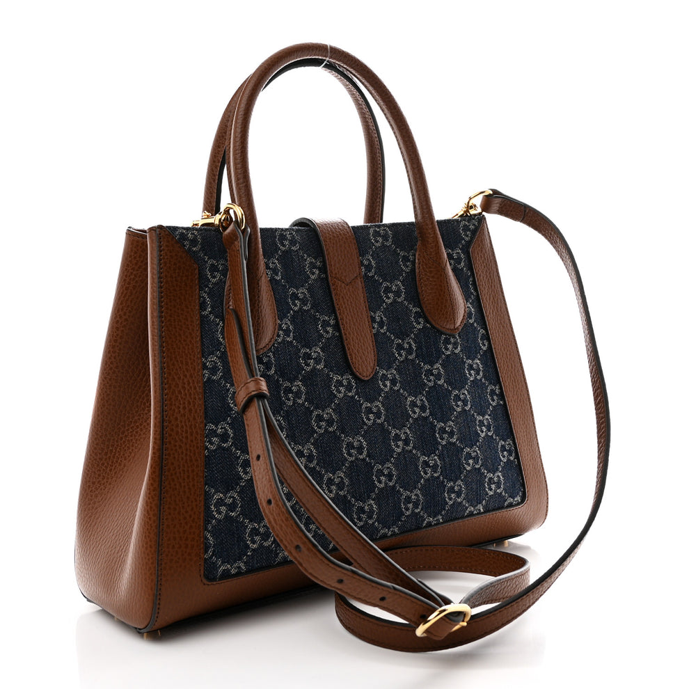 Gucci New Denim GG Monogram Dollar Calfskin Medium Jackie 1961 Tote Blue Tea Cuir Epilog 1770529 ...