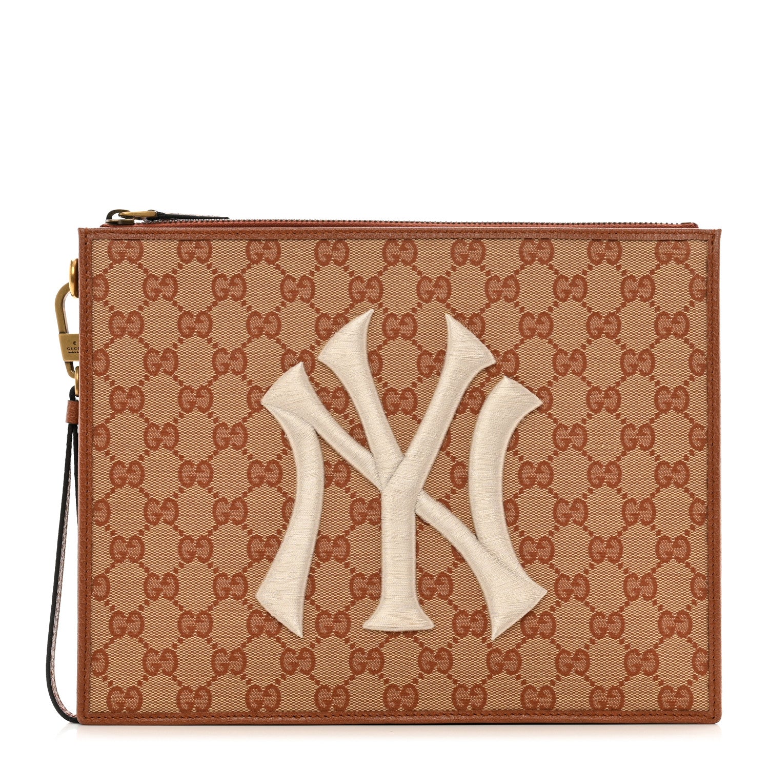 Gucci X MLB GG Monogram NY Yankees Zip Wristlet Pouch Beige Ruggine ...