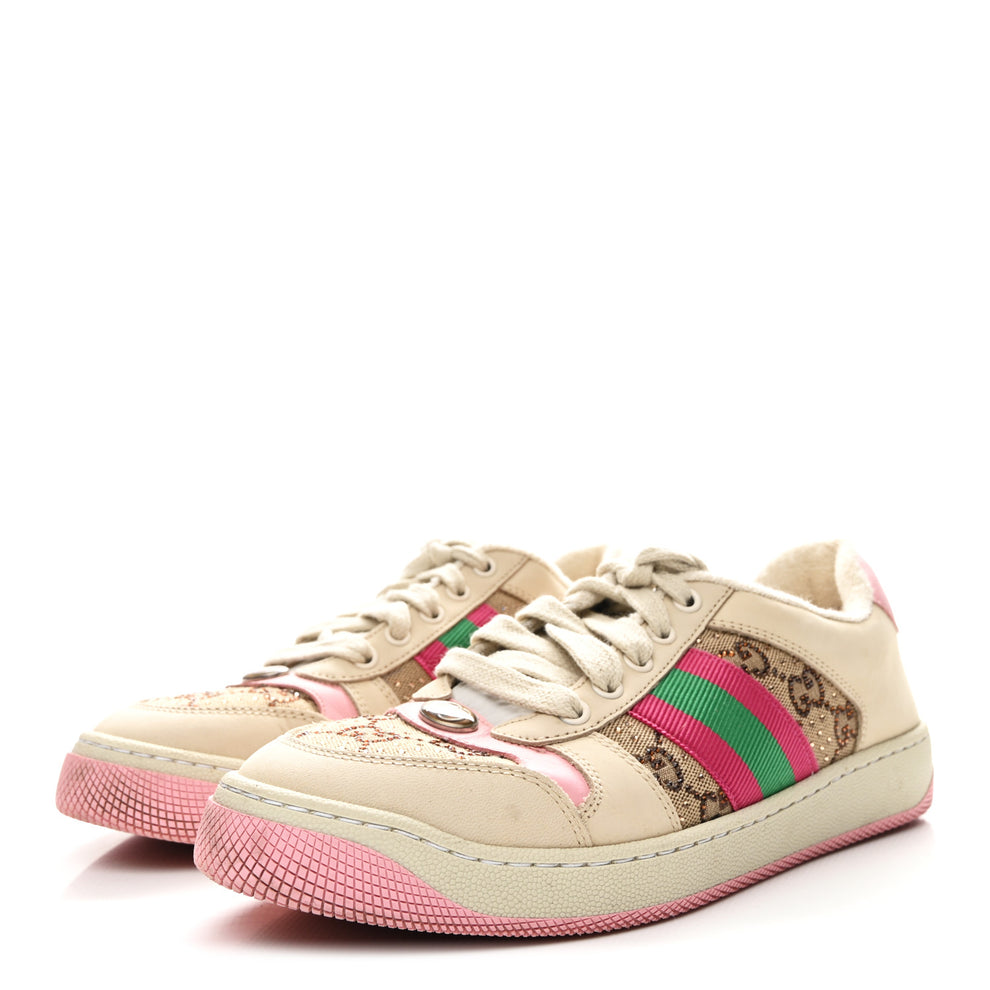 Gucci Calfskin GG Supreme Crystals Web Screener Sneakers 38 Camel Ebony ...