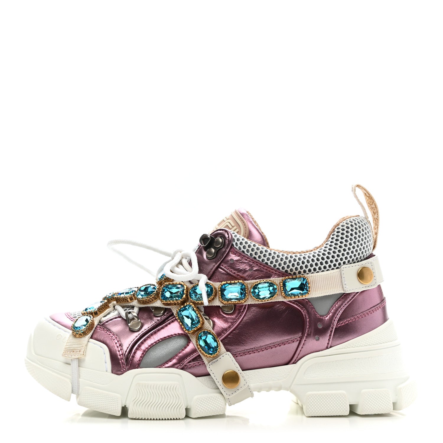 Gucci X SEGA Metallic Calfskin Mesh Removable Crystals Womens Flashtrek ...