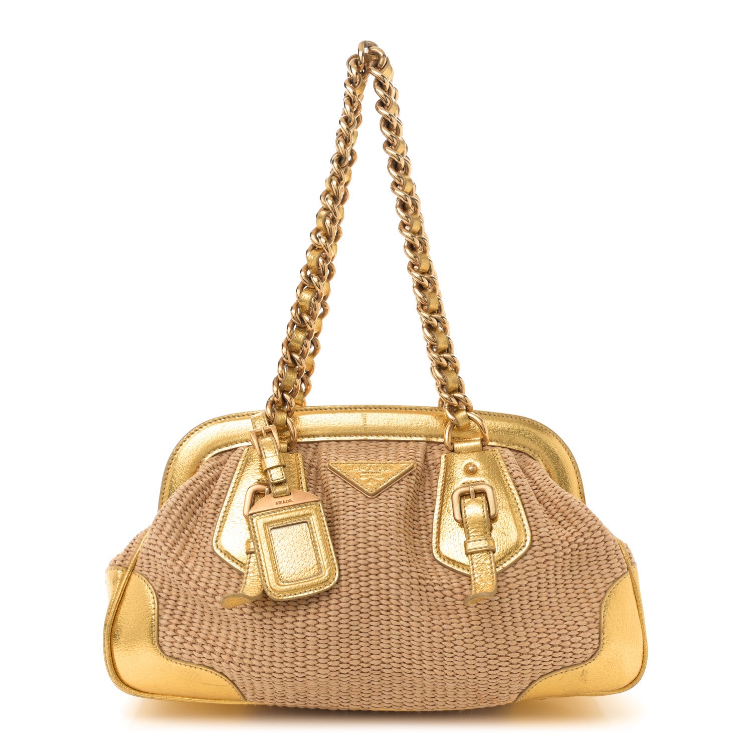 Prada Paglia Cinghiale Frame Tote Naturale Oro 1717465 – FASHIONPHILE