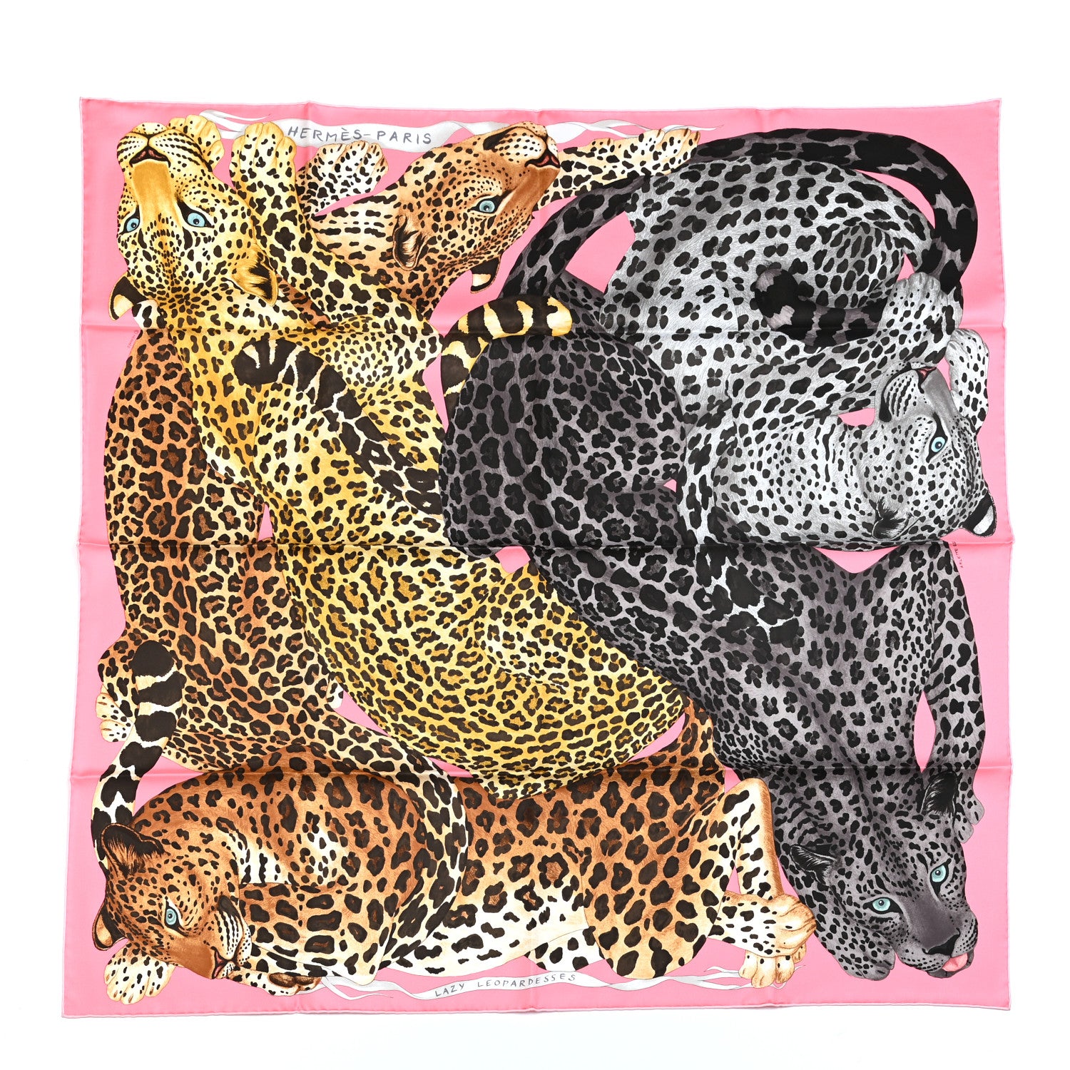 Hermes Silk Twill Lazy Leopardesses Scarf 90 Rose Vif Anthracite 883298 ...