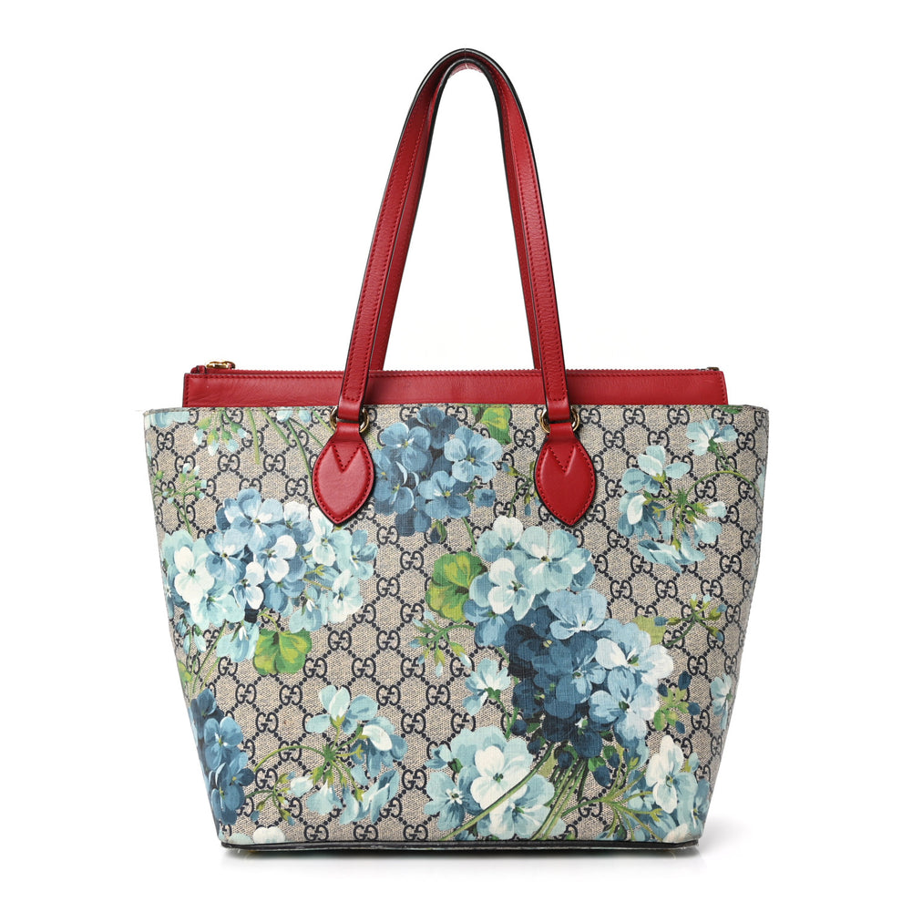 Gucci GG Supreme Monogram Blooms Medium Zippered Bucket Tote Beige Blue ...