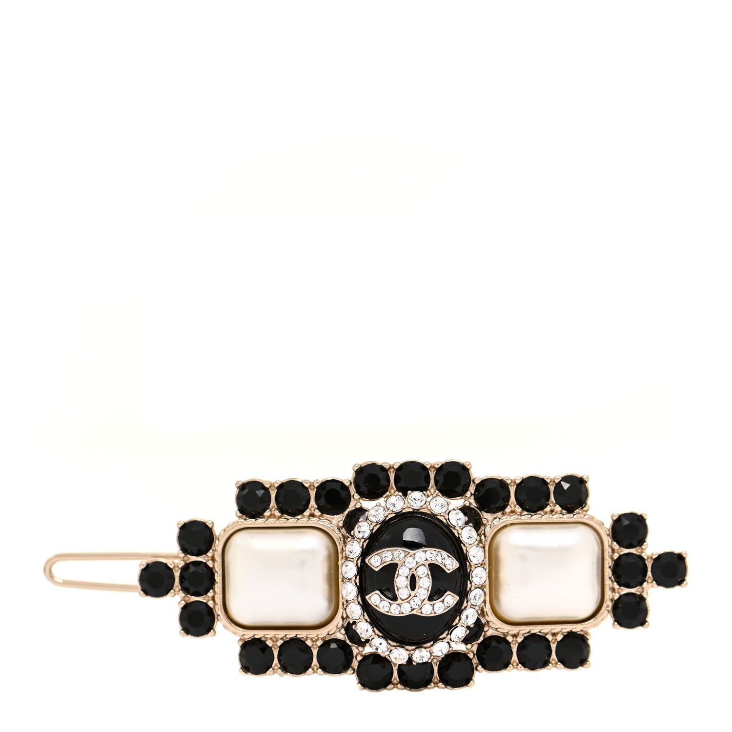 Chanel Metal Crystal Pearl CC Hair Clip Barrette Gold Black 953019 ...