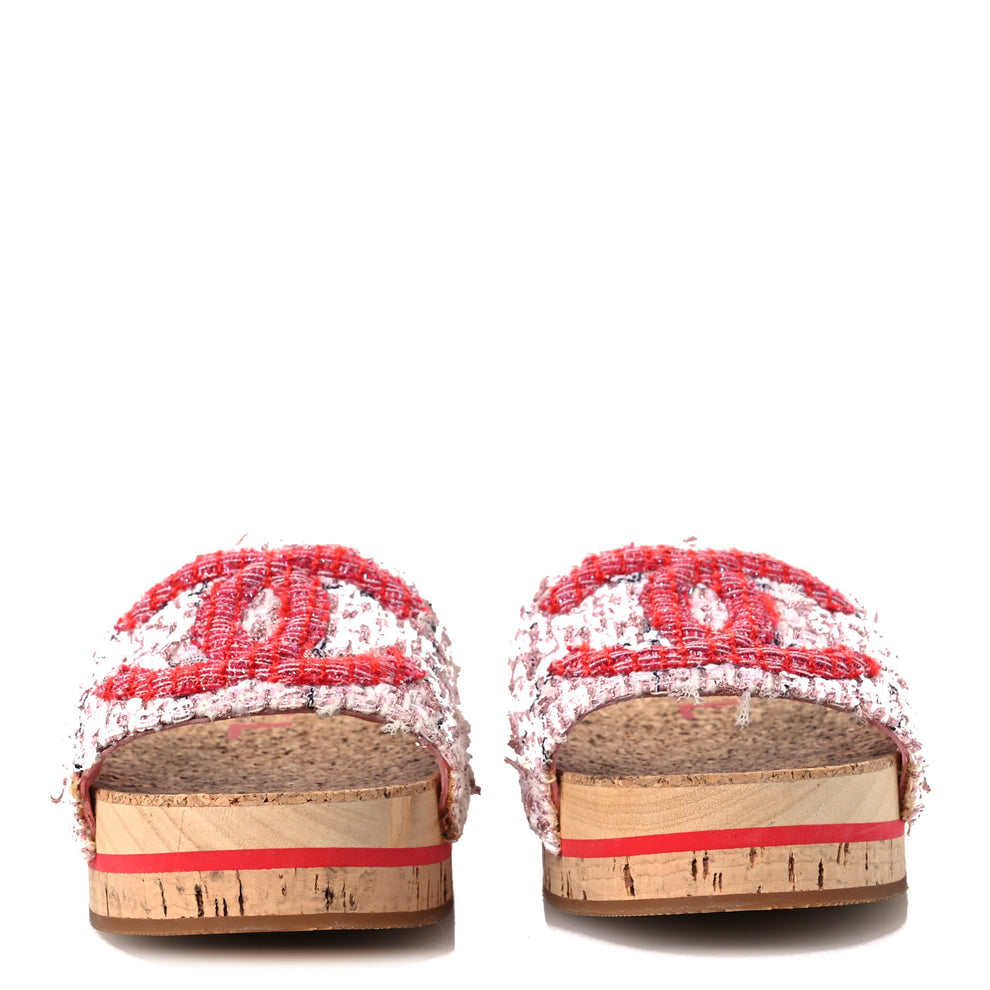 Chanel Tweed Lambskin Cork CC Mule Sandals 36 Pink Red 1891280 ...