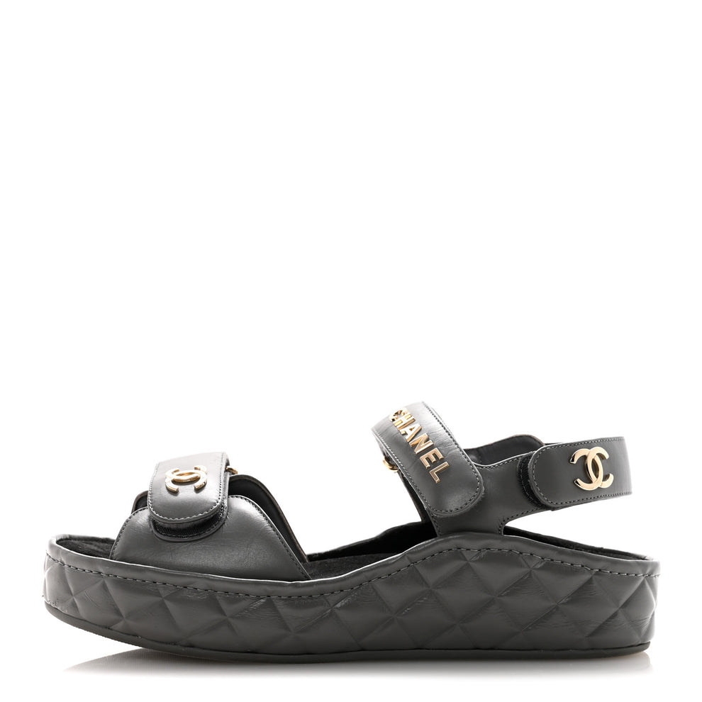 Chanel Shiny Calfskin Logo Platform Sandals 37 Grey 1808052 – FASHIONPHILE