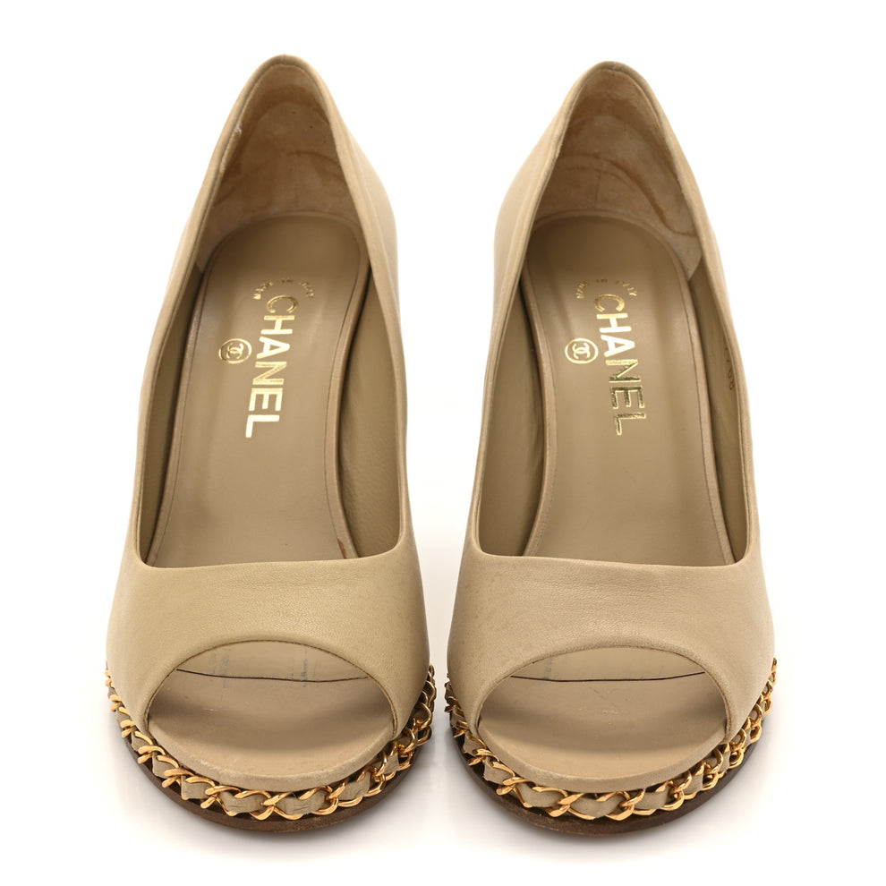 Chanel Calfskin Chain Peep Toe Wedge Pumps 39 Beige 1767625 – FASHIONPHILE