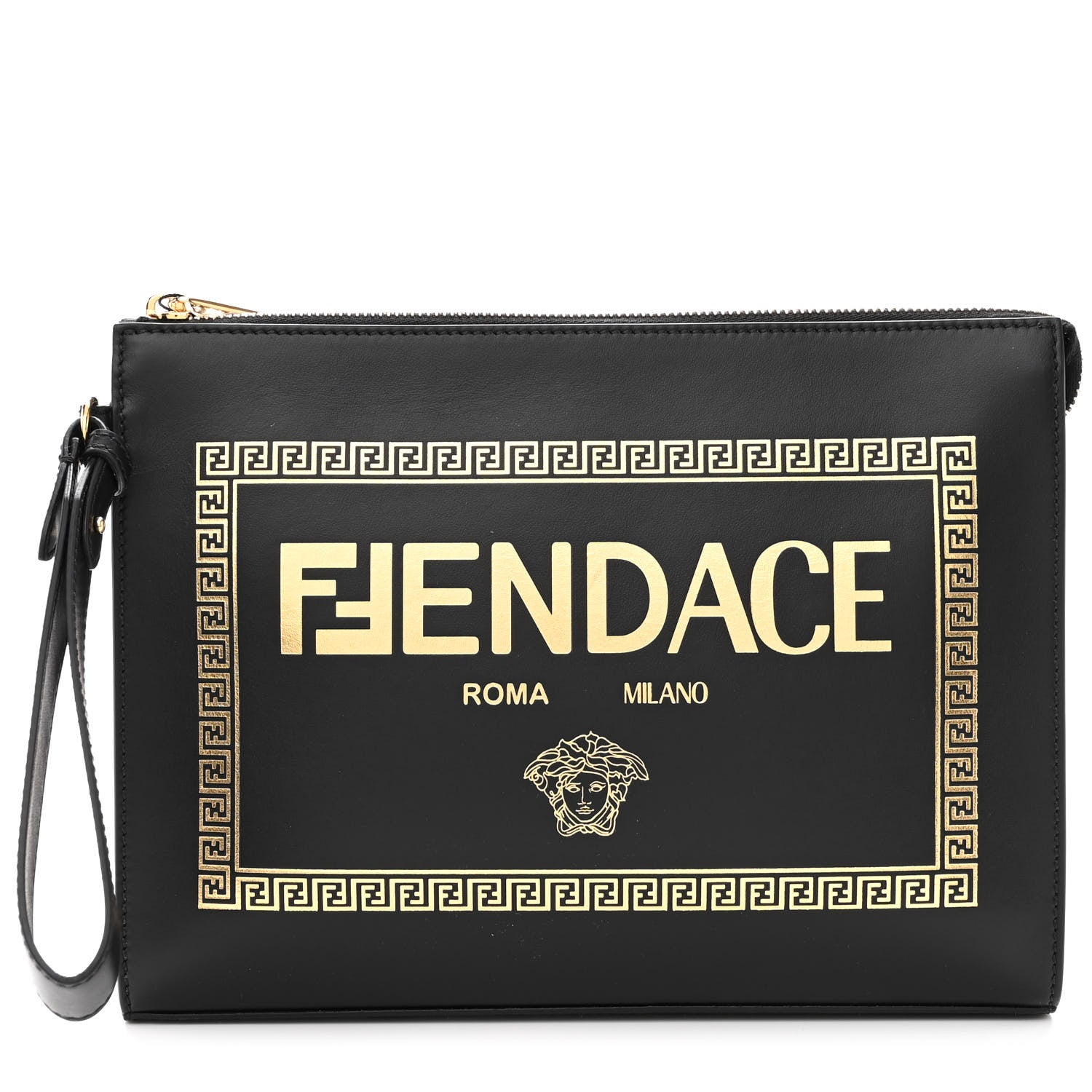 Fendi X VERSACE Vitello Grace Fendace FF Baroque Logo Large Flat Pouch ...