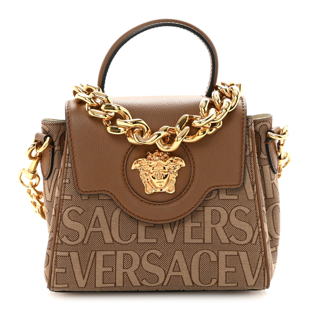 Versace Calfskin Canvas Allover La Medusa Small Top Handle Handbag ...