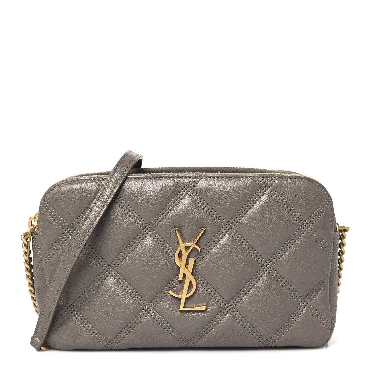 Saint Laurent Grained Lambskin Quilted Mini Becky Double Zip Bag Taupe ...