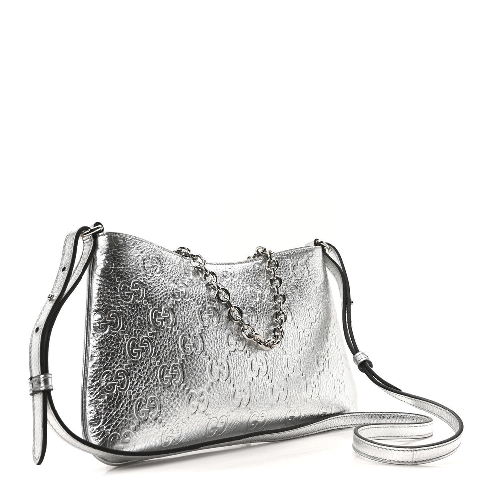 Gucci Metallic GG Grainy Calfskin Emblem Medium Shoulder Bag Silver ...