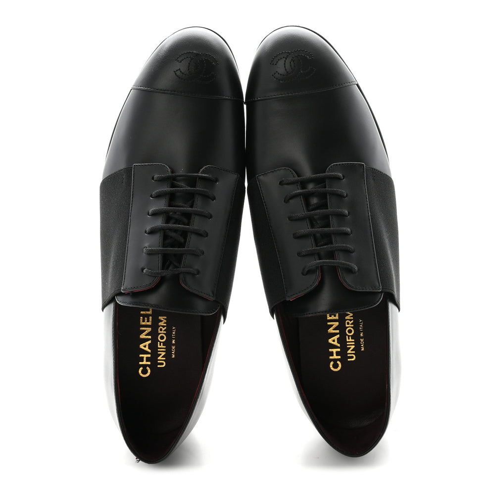 Chanel Calfskin Elastic Lace Up Cap Toe CC Loafers 40 Black 1887575 ...