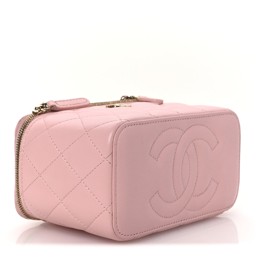 Chanel Caviar Quilted Crystal CC Logo Vanity Case With Chain Pink ...