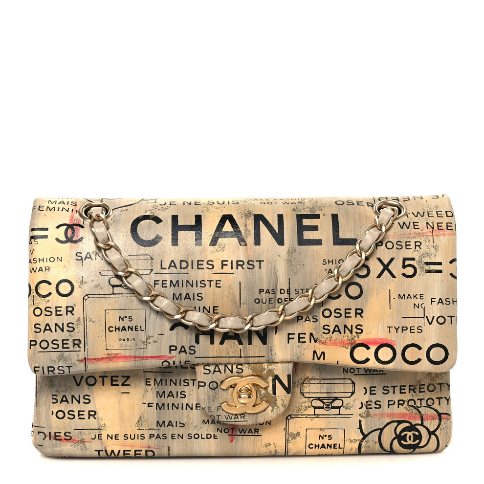 Chanel Lambskin Painted Feministe Newsprint Medium Double Flap Ecru ...