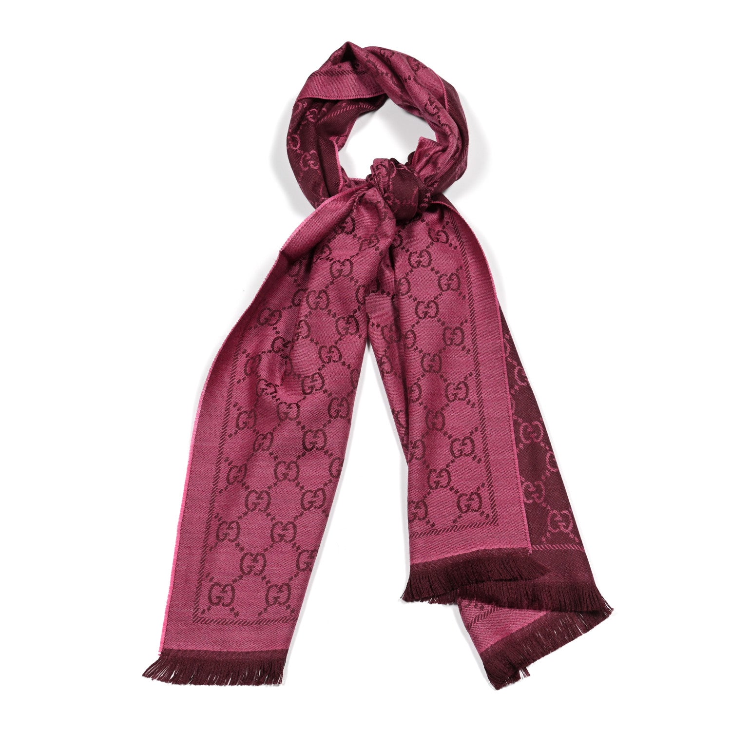 Gucci Wool Jacquard GG Monogram Sten Fringe Scarf Magenta Bordeaux ...